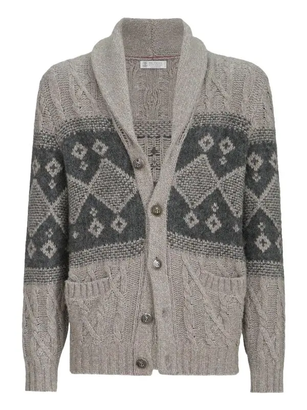 Brunello Cucinelli Wool And Silk Blend Shawl Collar Cardigan - Grey