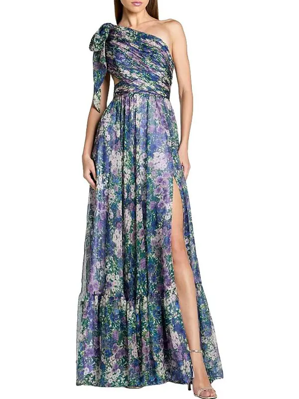 Mac Duggal Petite One Shoulder Floral Printed Chiffon Side Cut Out Gown - Lilac Multi