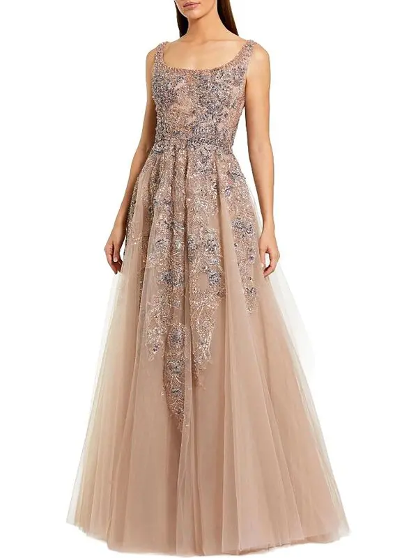 Mac Duggal Hand Embellished Tulle A-line Gown - Mocha