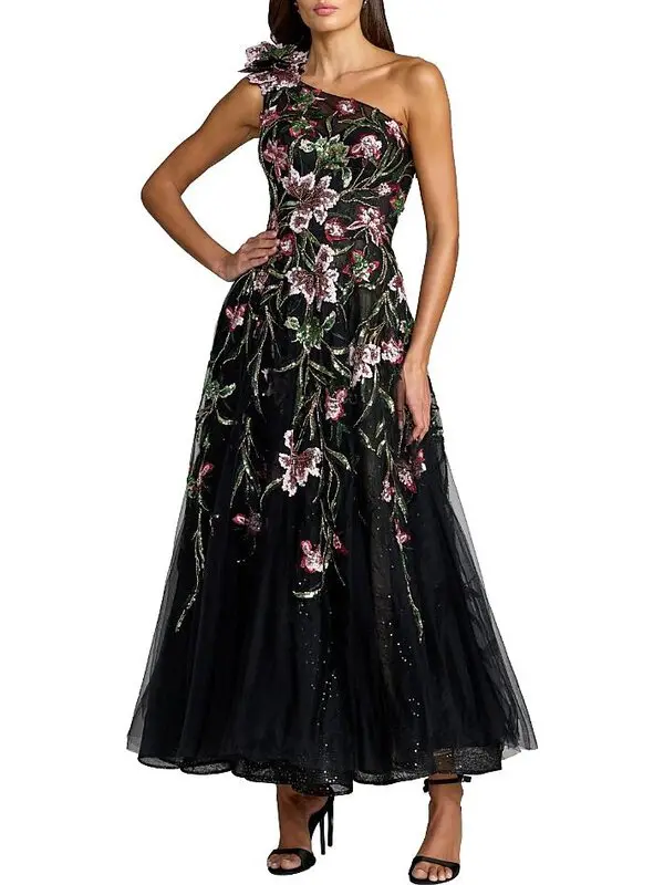 Mac Duggal Embroidered Floral One Shoulder A-line Dress - Black Multi