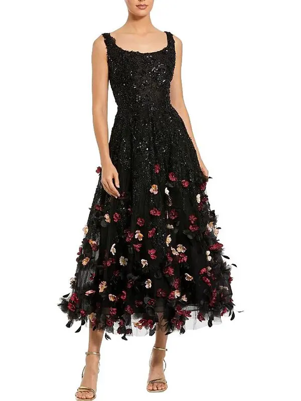 Mac Duggal Petite Sleeveless Beaded Midi Dress With 3d Flowers - Black Multi
