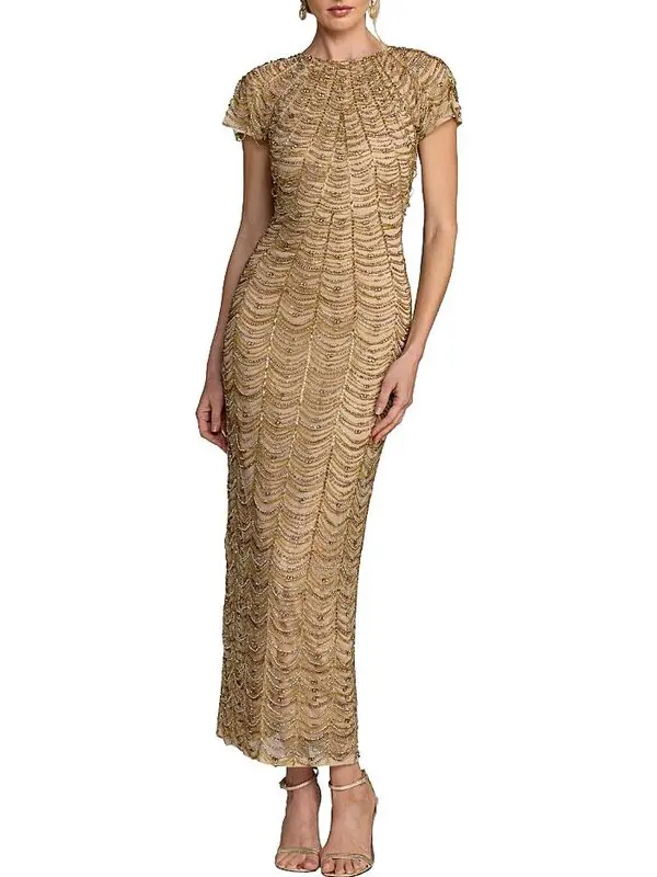 Mac Duggal High Neck Cap Sleeve Beaded Mesh Gown - Gold