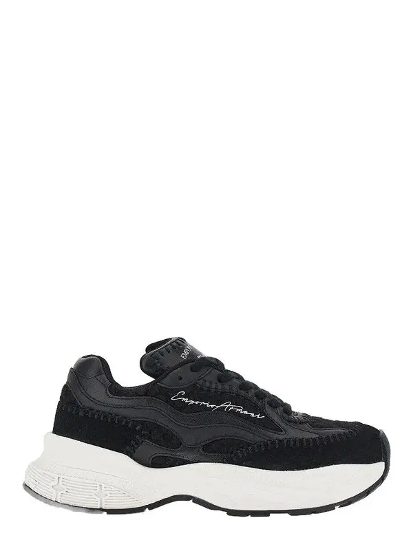 Emporio Armani Knitted Sneakers With Faux Leather Details - Black