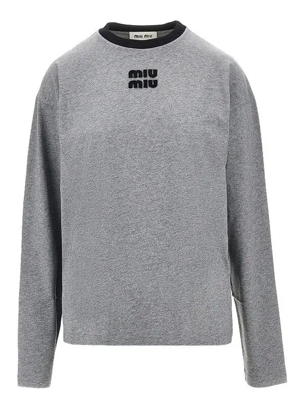 Miu Miu Jerey T-hirt With Logo Patch - Grey