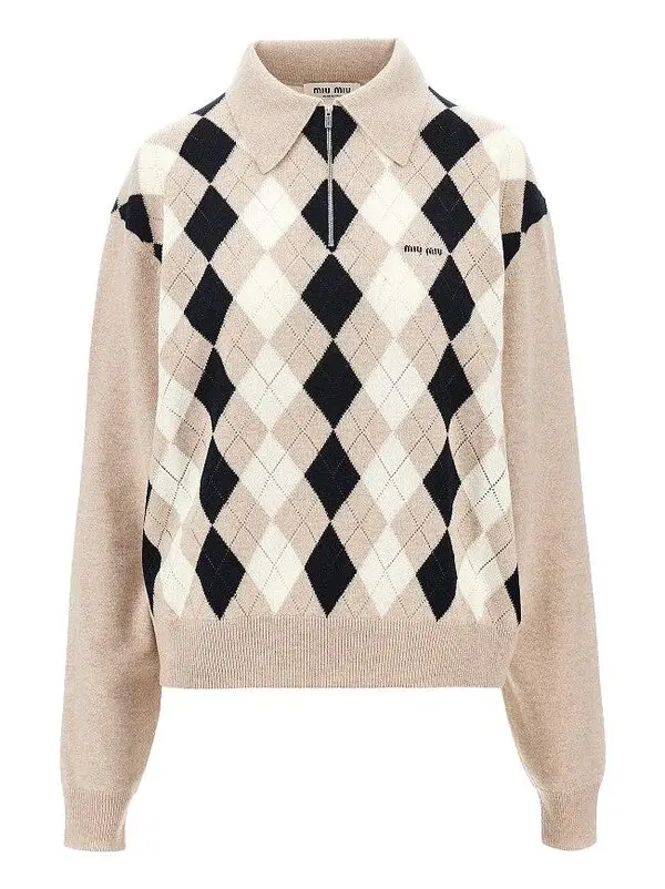 Miu Miu Argyle Cashmere Polo Sweater - Beige