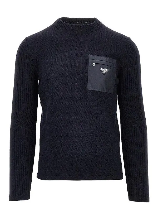 Prada Virgin Wool Sweater With Re-nylon Pocket - Blue