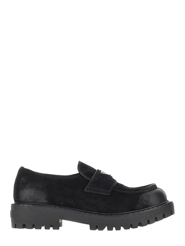 Prada Suede Leather Loafers With Logo And Lug Sole - Black