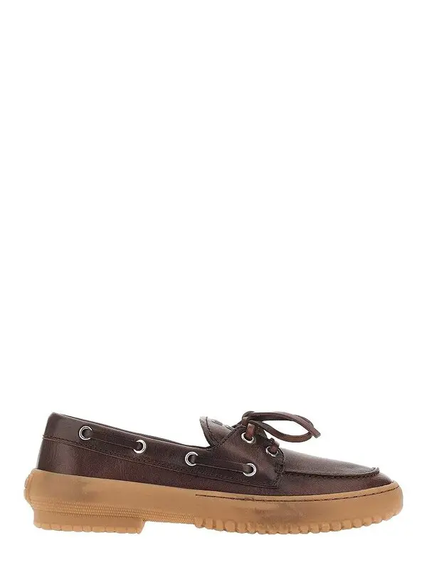 Miu Miu Leather Boat Shoes With Embossed Logo - Brown
