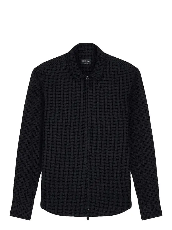 Giorgio Armani Slim-fit Shirt In Cotton With Full Zip And Flocked Print - Black