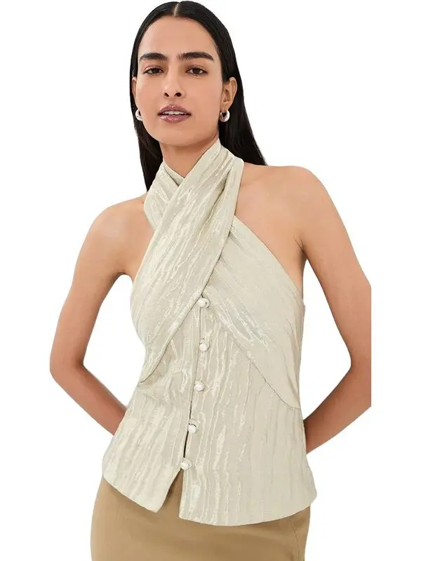 Rosie Assoulin Twisted Halter Top - Metallic Silver