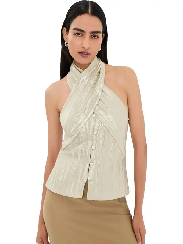Rosie Assoulin Twisted Halter Top - Metallic Silver