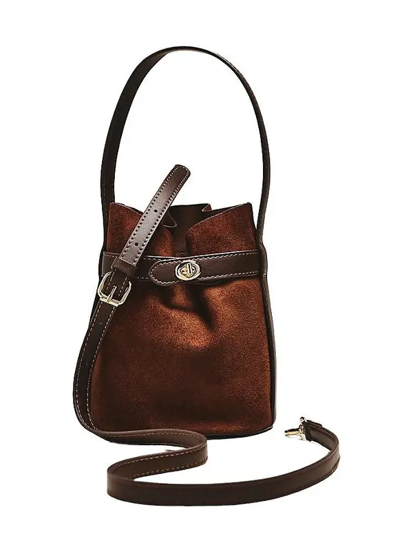 Anthropologie Faux Suede Buckle Bucket Bag - Tan