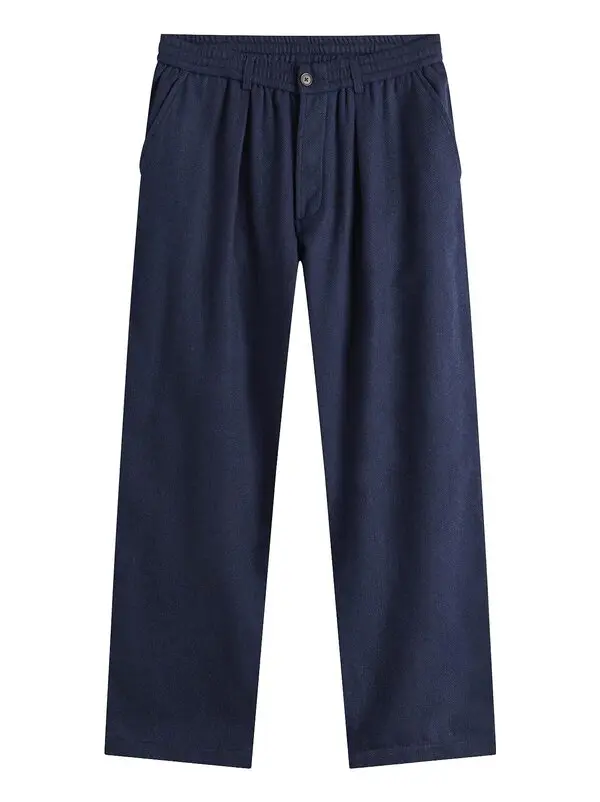 Universal Works Pleated Track Pant In Wool Herringbone - Navy