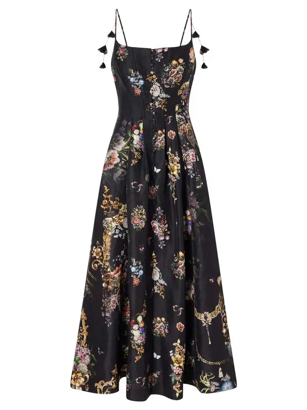 Camilla Flamenco Folklore Floral-print Linen And Silk-blend Dupioni Midi Dress - Multi