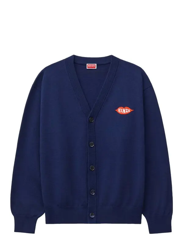 Kenzo Loves" Embroidered V-neck Cardigan In Wool Cotton - Blue-black
