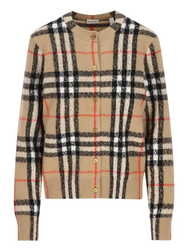 Burberry Checked Crewneck Buttoned Cardigan - Sand Ip Check