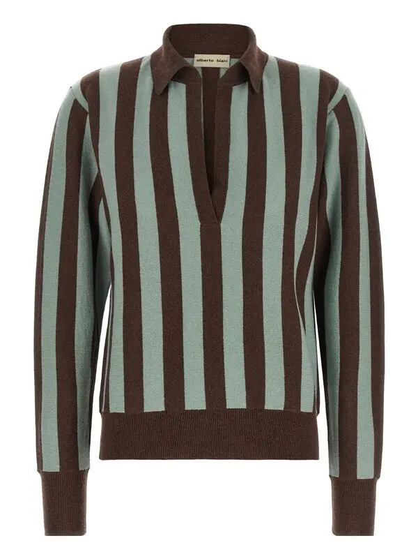 Alberto Biani Striped Knit V-neck Polo Shirt - Multicolor