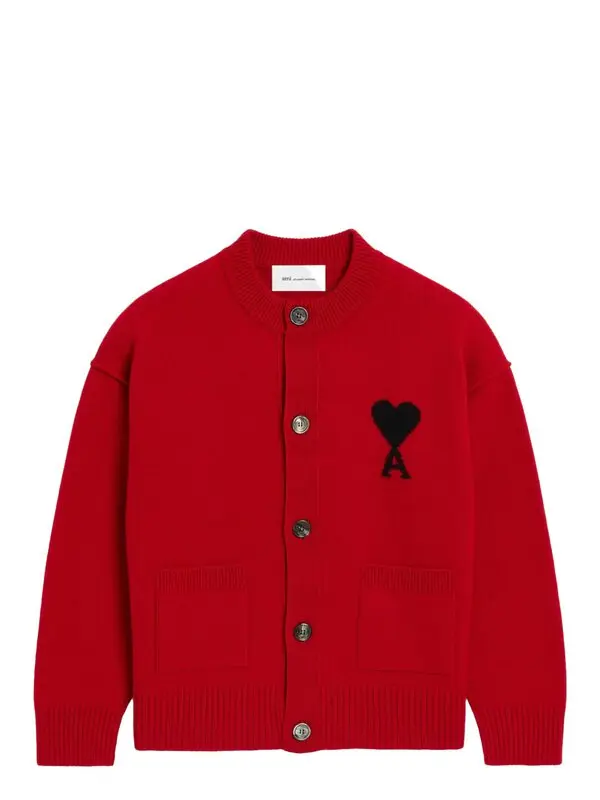 AMI Paris De Coeur Crewneck Cardigan - Ruby Red/black