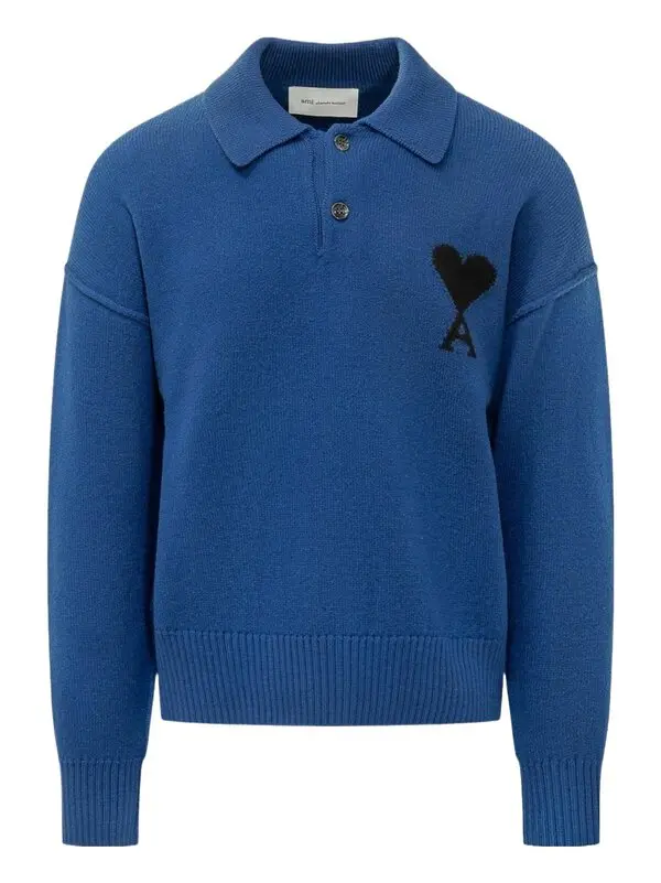 AMI Paris Long Sleeve Knit Polo With Heart Logo - Blue