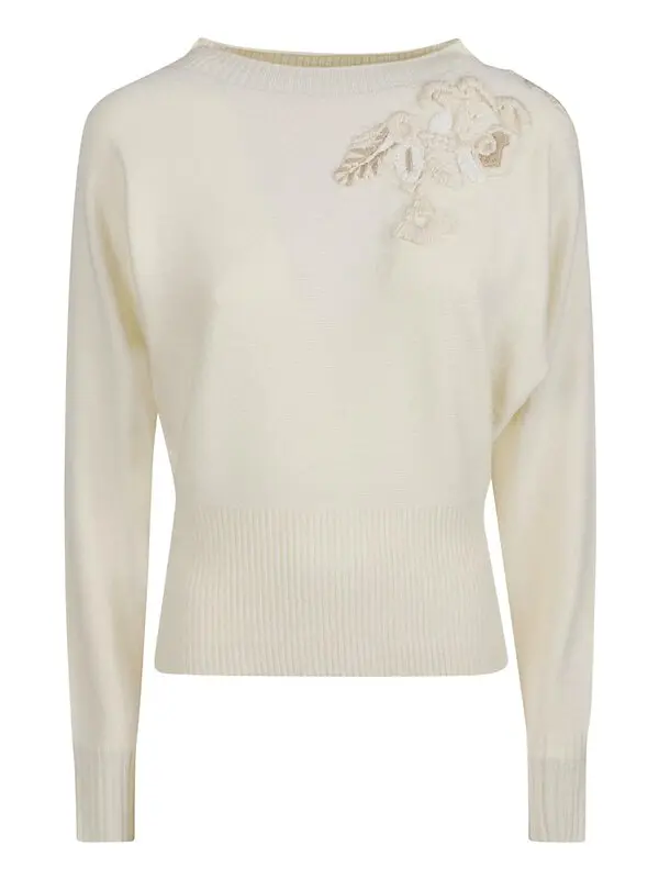 ERMANNO FIRENZE Round Neck Embellished Sweater - Ecru