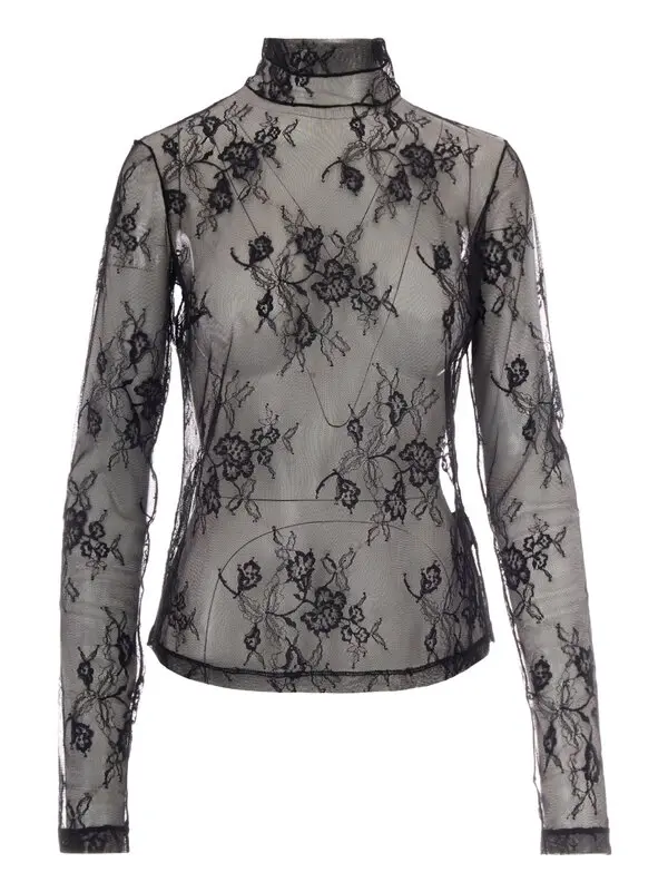 Patrizia Pepe Lace Overlay High Neck Long Sleeve Top - Black