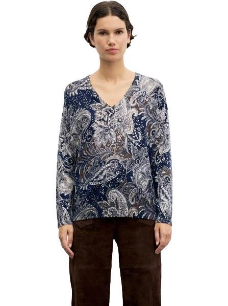 Gerard Darel Rhea Long Sleeve V-neck Sweater In Merino Wool With Paisley Print - Navy Blue