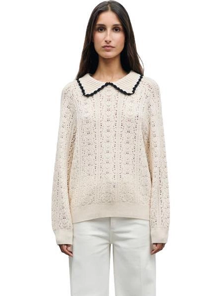 Gerard Darel Long Sleeve Crochet Collared Jumper - Ecru