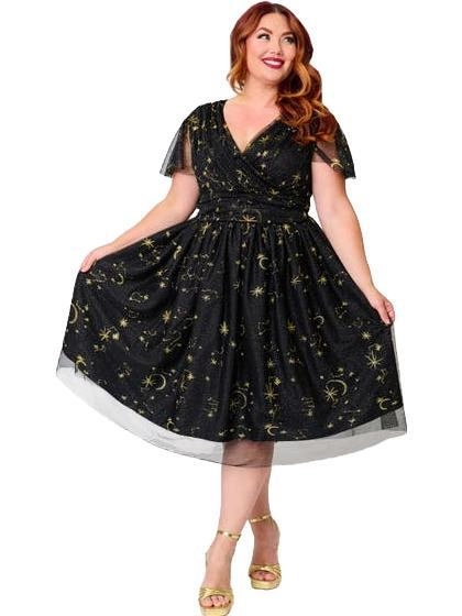 Unique Vintage Midori Swing Dress - Black Celestial Print