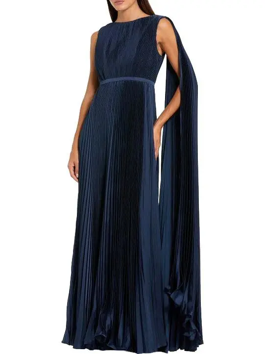 Mac Duggal Sleeveless High Neck Cape Back Heat Pleated Gown - Midnight