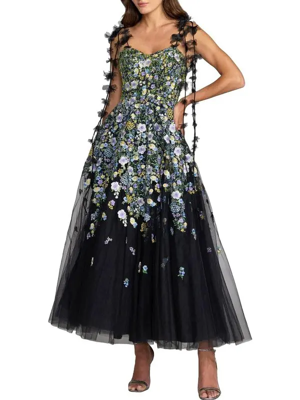 Mac Duggal Floral Embroidered Tulle A-line Gown - Black Multi