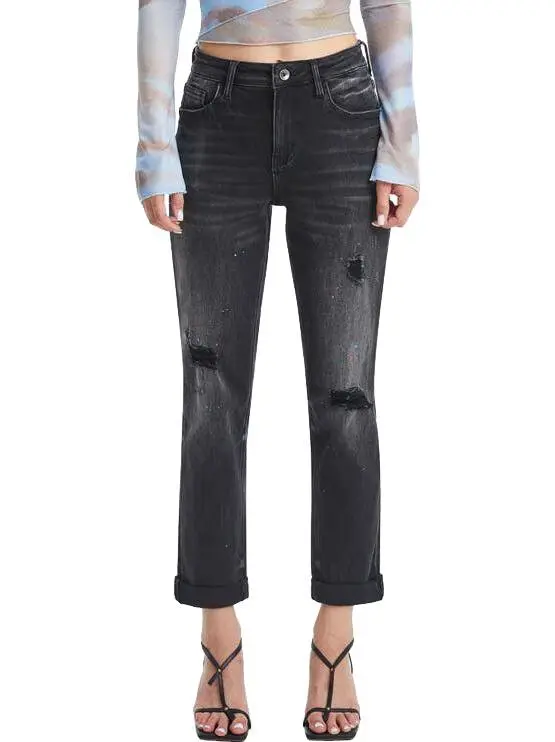 BAYEAS Paint Splatter High-waist Ripped Jeans - Iron Black