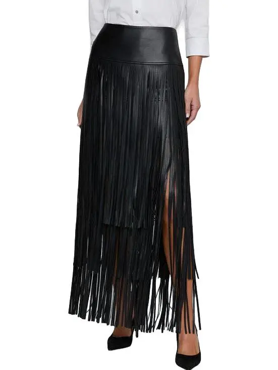 L'Agence Karoline Faux Leather Maxi Fringe Skirt - Black