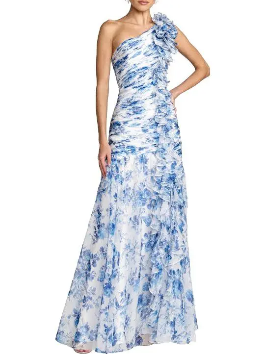 Mac Duggal Petite Ruched Floral Chiffon Gown With 3d Ruffles - Blue Multi