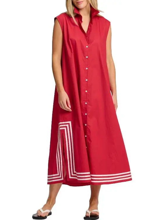 SHIRTY Cassie Sleeveless Cotton Midi Shirtdress With Grosgrain Trim - Dark Red