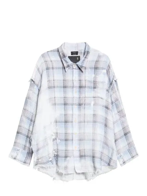 R13 Shredded Seam Plaid Flannel Shirt - Blue Bleached Plaid