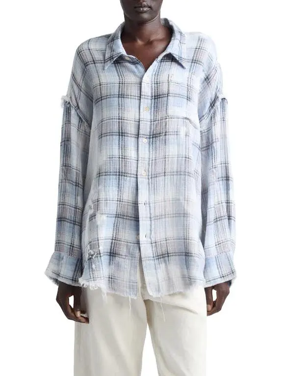 R13 Shredded Seam Plaid Flannel Shirt - Blue Bleached Plaid