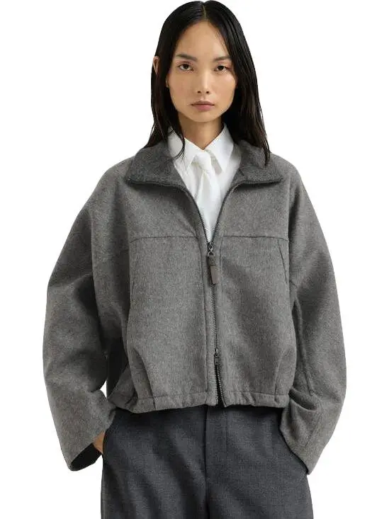 Brunello Cucinelli Hand-crafted Bomber Jacket In Virgin Wool Double Cloth With Shiny Zipper Pull - Dark Grey
