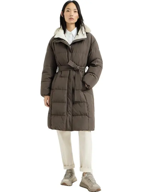 Brunello Cucinelli Techno Cotton Taffeta Down Coat With Shearling Inserts And Shiny Zipper Pull - Brown