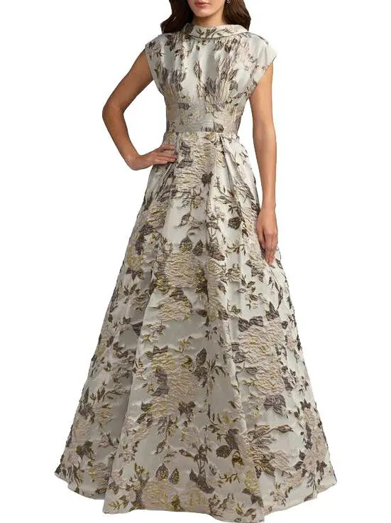 Mac Duggal Floral Mock Neck Brocade Cap Sleeve Ball Gown - Platinum Multi