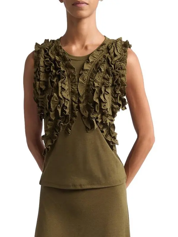 Ulla Johnson Vesna Ruffle Wool Jersey Top - Loden