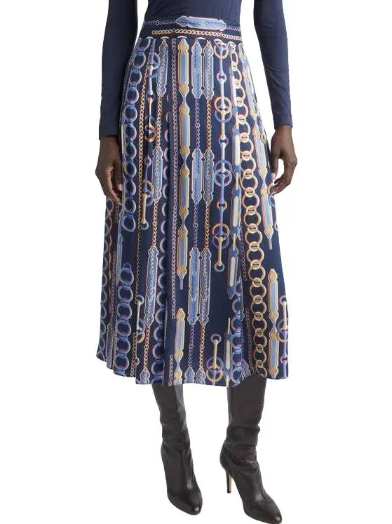 St. John Heritage Chain Bridle Print Pleated Midi Skirt - Midnight Multi