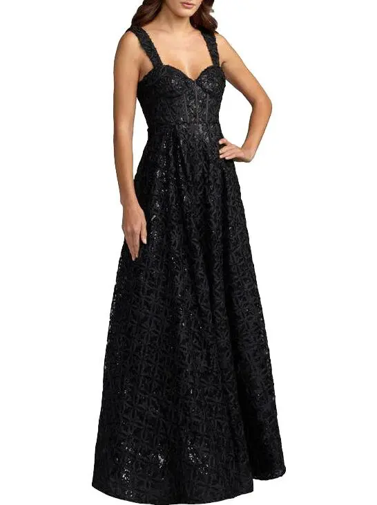Mac Duggal Sleeveless Sweetheart Floral Tulle A Line Gown - Black
