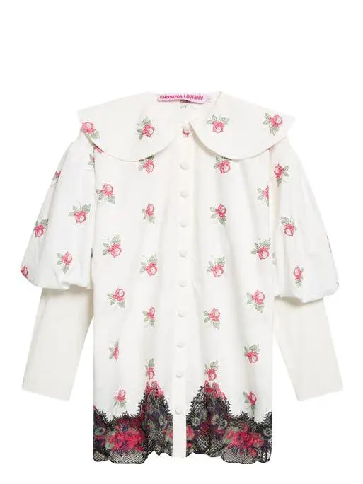 CHOPOVA LOWENA Floral Embroidered Cotton Shirt With Lace Trim - White Multi