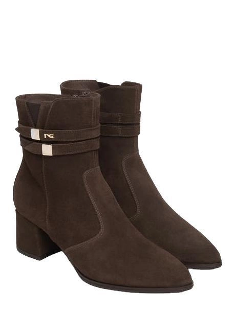 NEROGIARDINI Leather Block Heel Booties With Buckle Straps - Chocolate