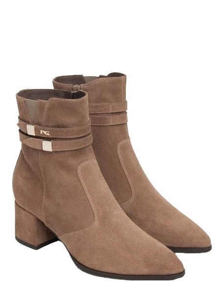 NEROGIARDINI Leather Block Heel Booties With Buckle Straps - Mocha