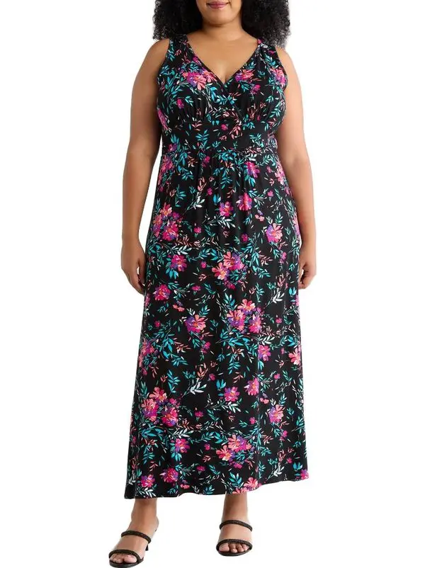 Loveappella Floral Print Empire Waist Maxi Dress - Black/fuchsia
