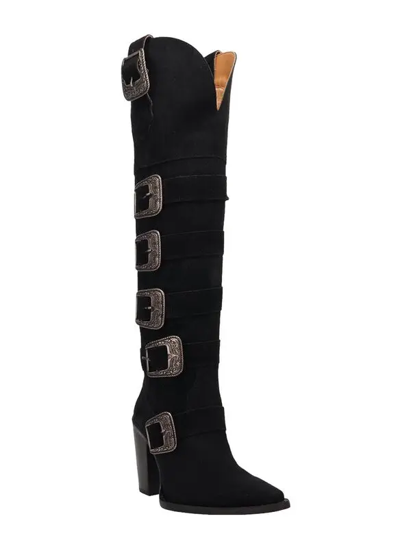 DINGO Buckled Print Leather Western Boots - Black