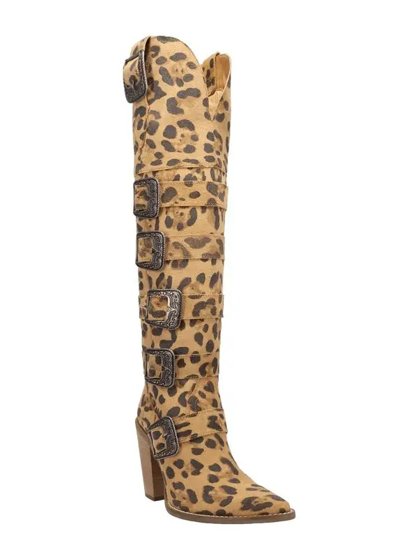DINGO Buckled Print Leather Western Boots - Leopard