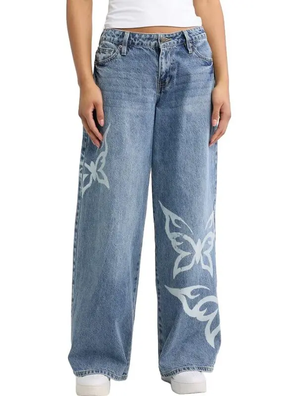 YMI Tattoo Butterfly High Waist Wide Leg Jeans - Medium Wash