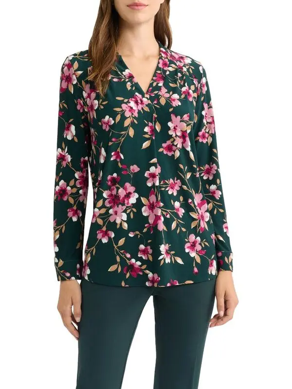 Anne Klein Printed Notched V-neck Long Sleeve Top - Treeline Multi